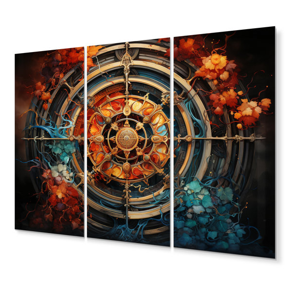 Bungalow Rose Orange Teal Buddhist Art Dharma Wheel 3 Pieces | Wayfair